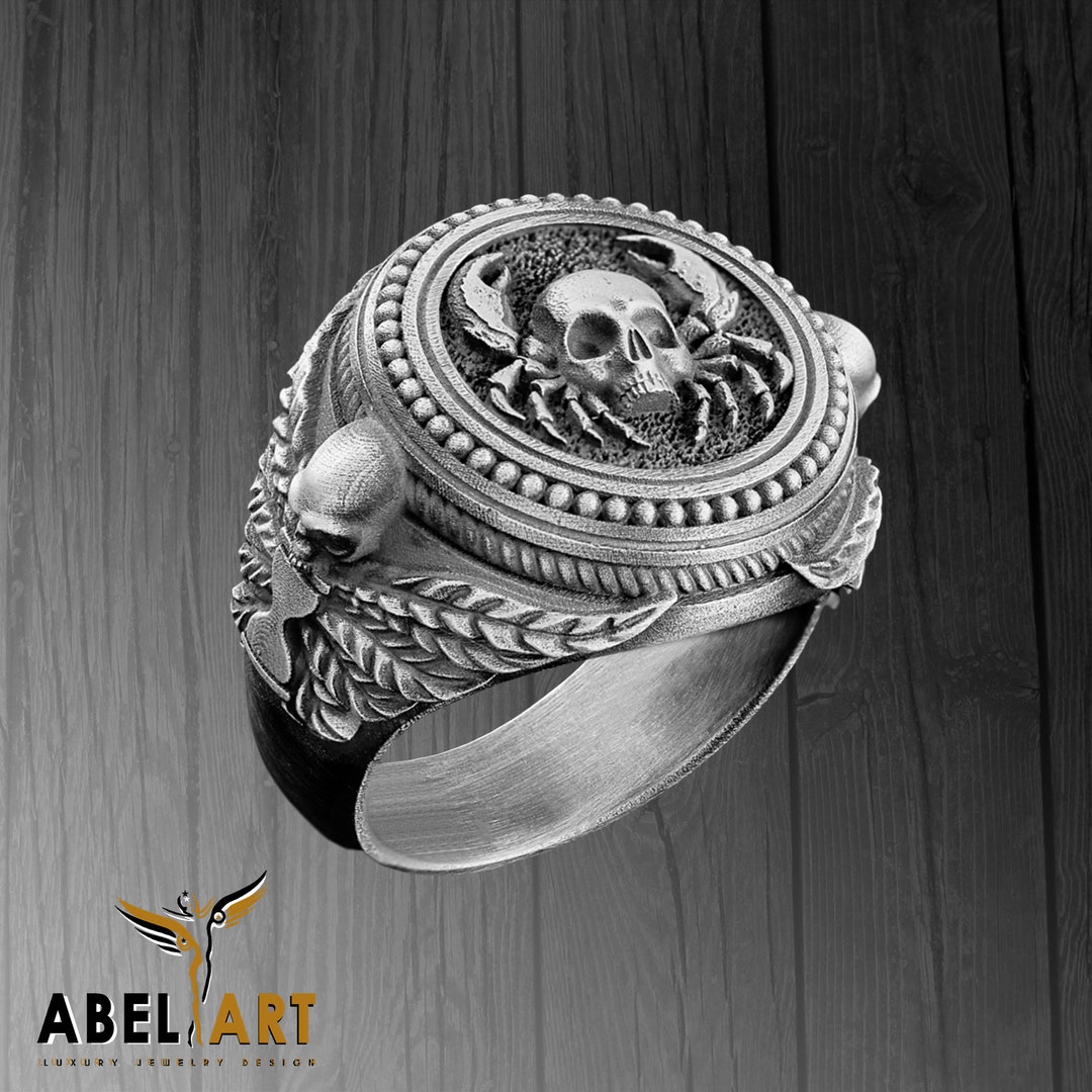 Oxidized Sterling Silver Cancer Zodiac Skull Ring - Gothic Biker Style ...