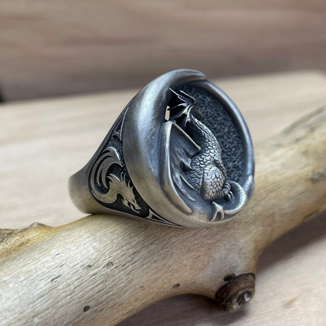 Silver Dragon Ring Mens Moon Dragon Ring 925 Sterling Moon Ring Unique ...