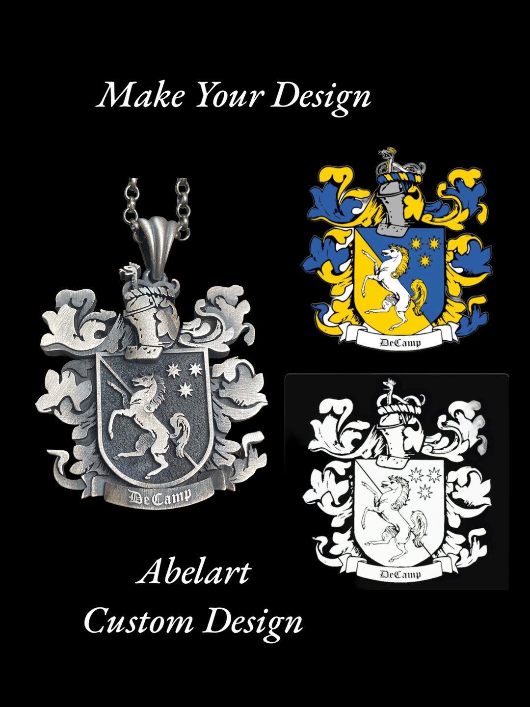 Custom Silver Family Crest Pendant, Coat of Arms Necklace, 925k ...