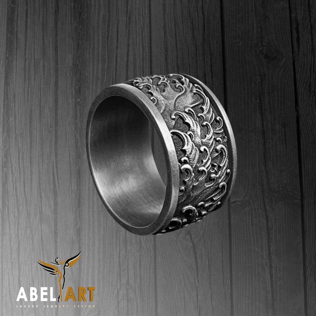 Waves 925 Sterling Silver Wedding Ring Mens Ring, Sea Wave Silver ...