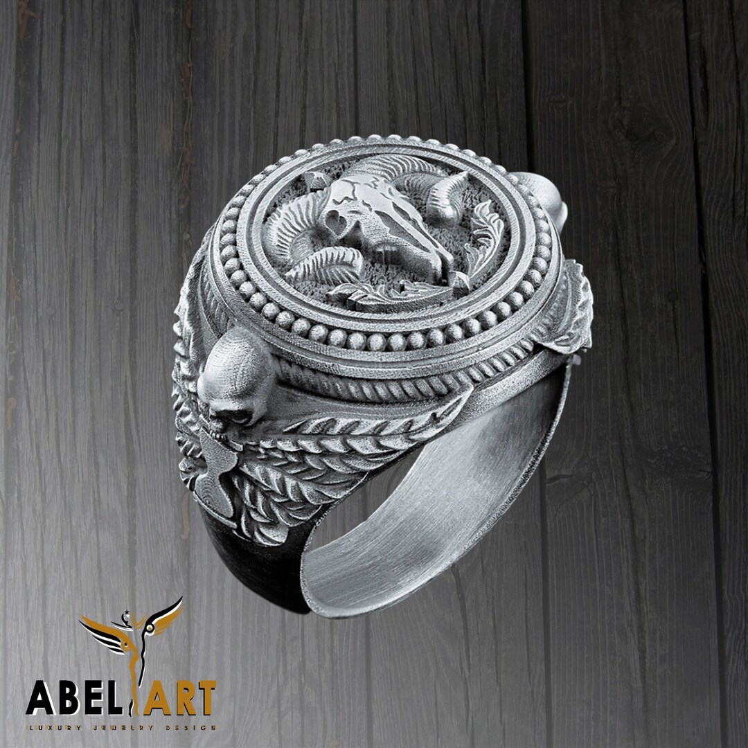 Ram Skull Gothic Mens Signet Ring in Silver, Aries Memento Mori Silver ...