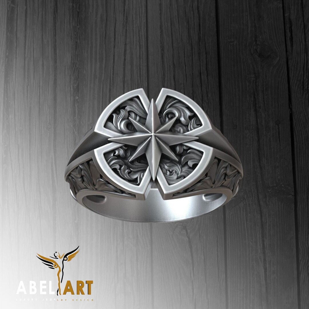 925 Sterling Silver Windrose Ring, Motif Detail North Star Compass ...