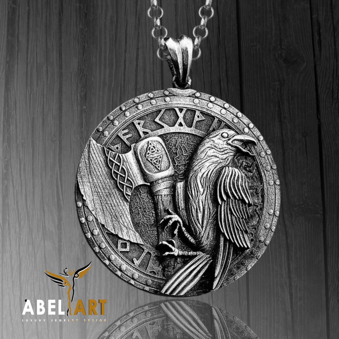 Viking Medallion Necklace – Sterling Silver Raven & Axe Pendant – Norse ...