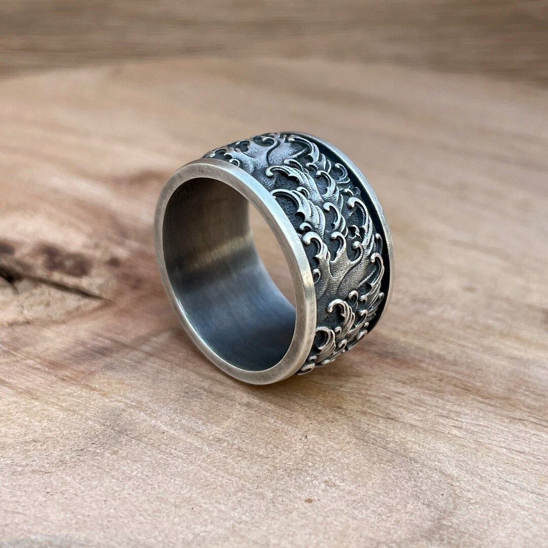 Waves 925 Sterling Silver Wedding Ring Mens Ring, Sea Wave Silver ...