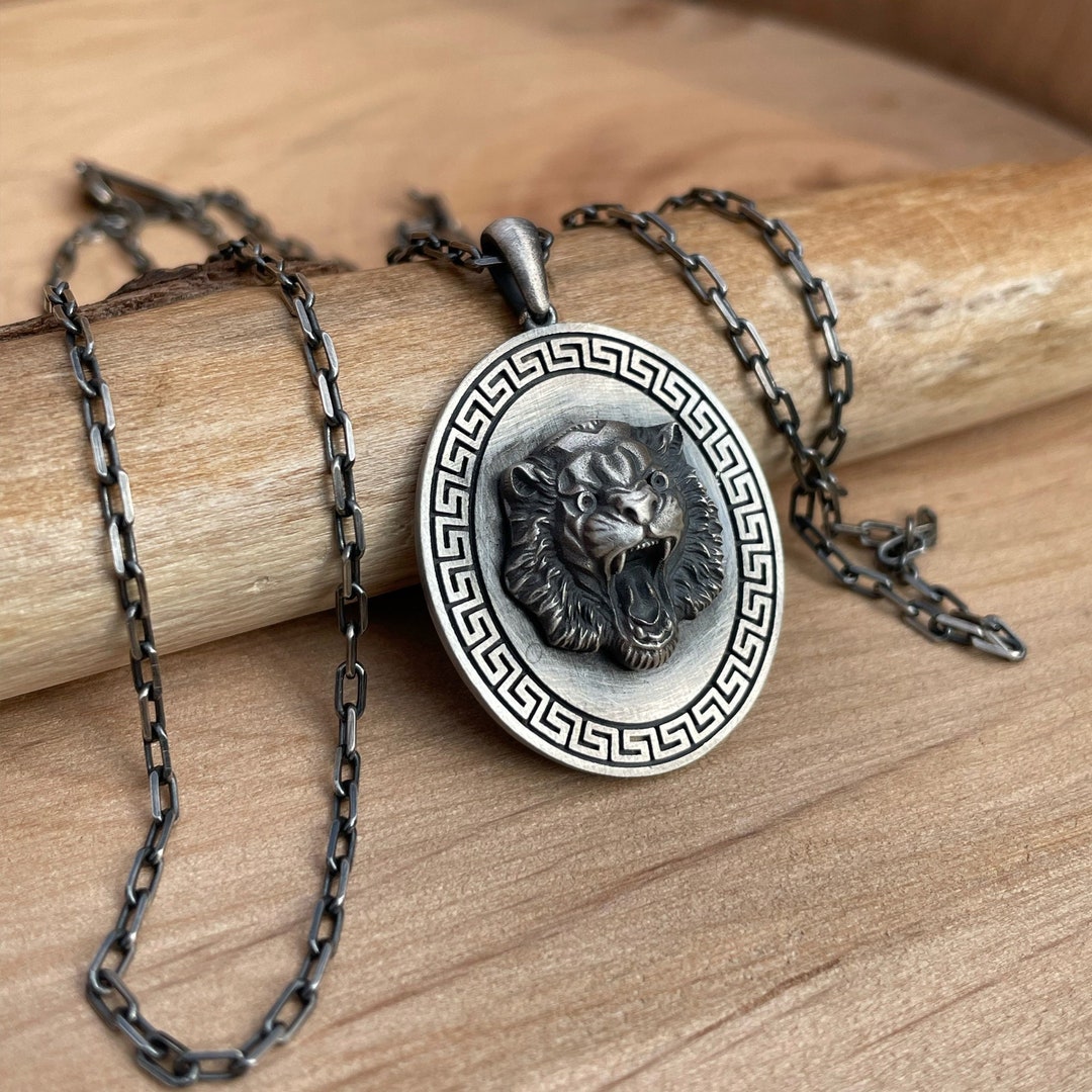 Lion Silver Medallion Necklace for Men, 925 Sterling Silver ...