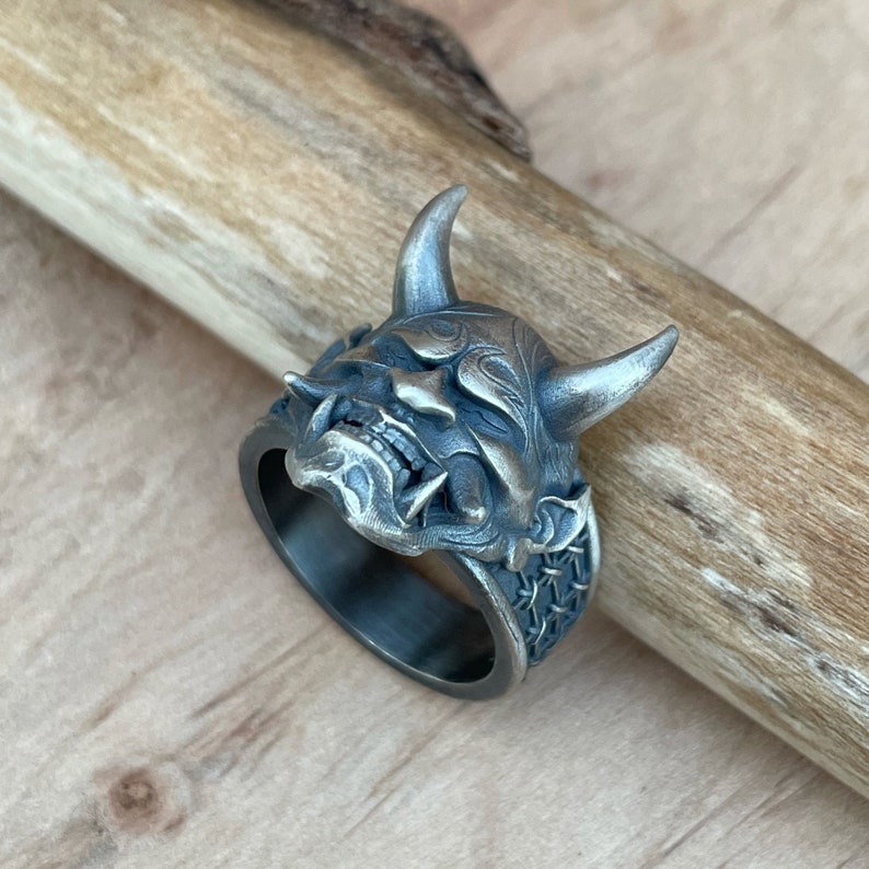 Silver Oni Mask Ring men Haney Ghost Ring 925k Sterling - Etsy