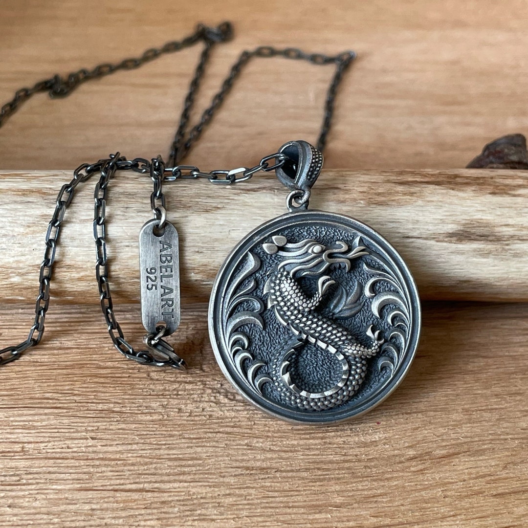 Silver Dragon Pendant Men Chinese Dragon Necklace 925k Sterling Dragon ...