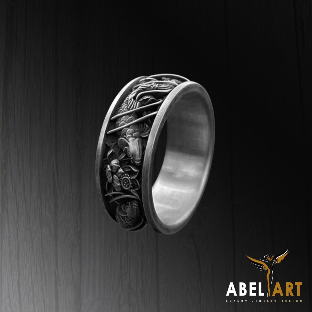 Japanese Koi Fish Sterling Silver Unisex Ring, Silver Floral Carp Koi ...