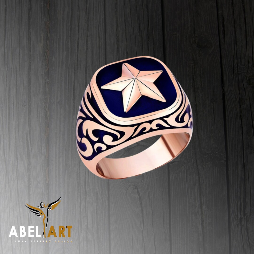 925 Sterling Silver Sirius Star Enamel Rings, Gold Plated Black Enamel ...