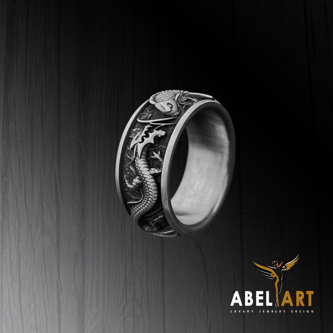 Japanese Dragon Koi Fish Sterling Silver Wedding Ring for Men, Carp Koi ...