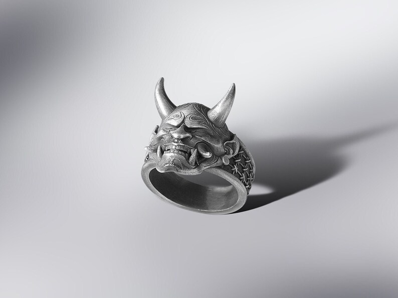 Silver Oni Mask Ring men Haney Ghost Ring 925k Sterling - Etsy