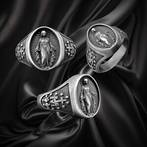 Silver Virgin Mary Ring men Our Lady of Grace Ring 925 Sterling ...