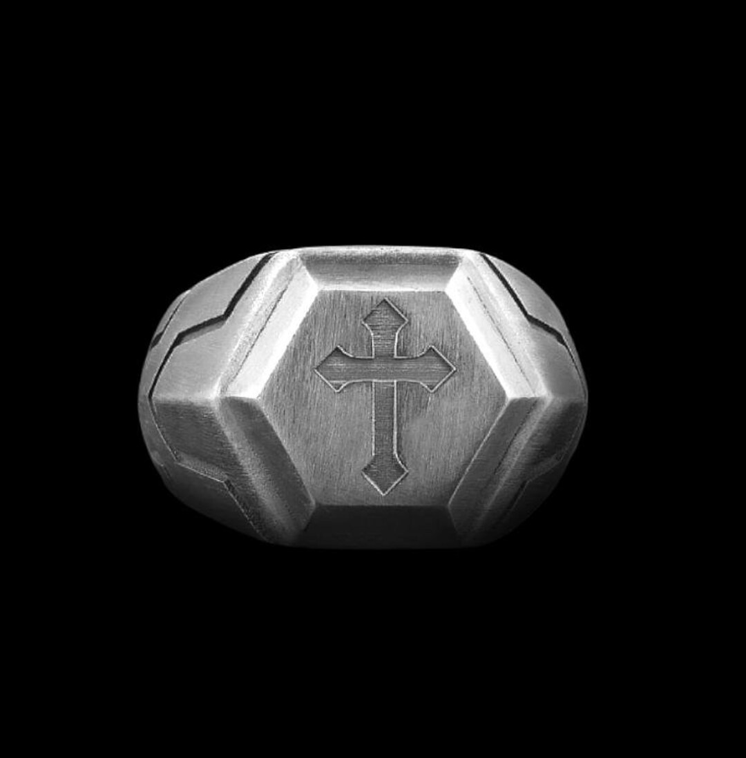 Silver Cross Men's Ring, Mens Cross Engraved Ring, Christian Rings for ...