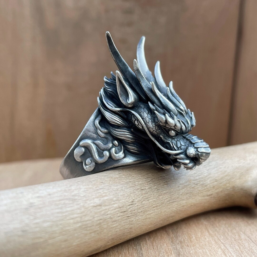 Silver Dragon Ring - Mens Dragon Head Ring 925k Sterling Fantasy Ring ...