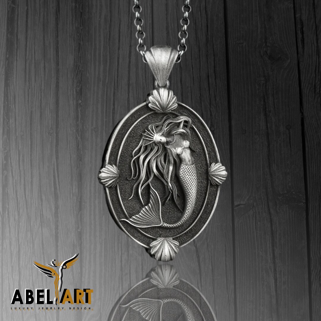 Mermaid Siren Charm Oxidized Silver Necklace, Anchor Mermaid Pendant ...