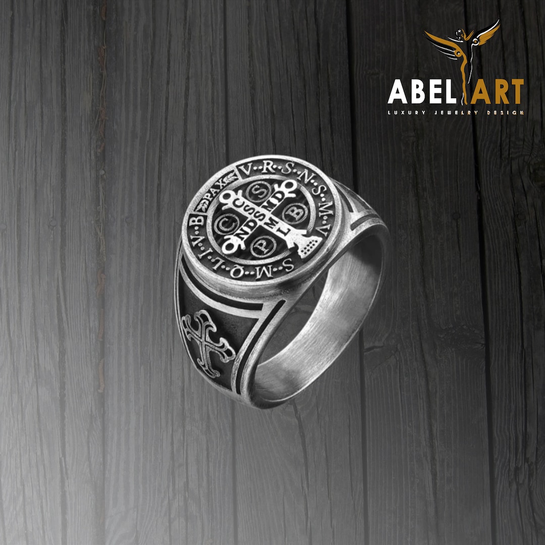 Silver St. Benedict Ring Mens Benedict Medal Ring 925 Sterling Exorcism Unique Biker Ring for ...