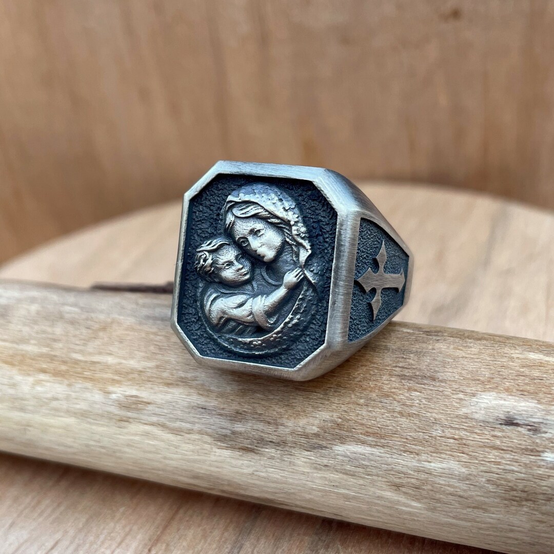 Virgin Mary Mother Baby Jesus 925 Sterling Silver Ring Religious Gift ...