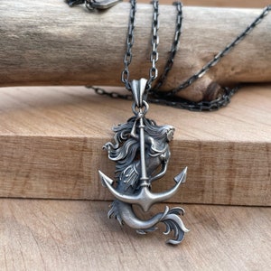 Anchor Mermaid Pendant, Mermaid Siren Charm Oxidized Silver Necklace ...