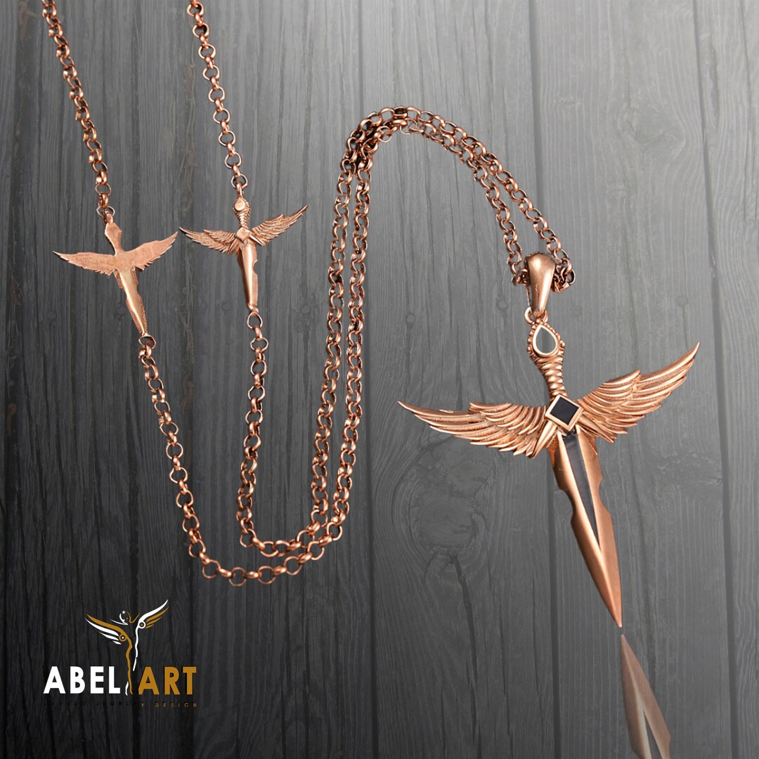 Angel Wing Dagger 925 Sterling Silver Rose Color Necklace, Black Enamel ...