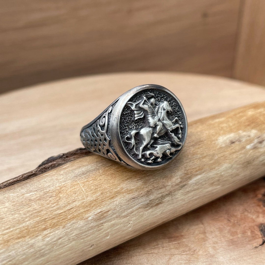Saint George Ring ,mens Silver Signet Ring ,unique Ring for Men, St ...