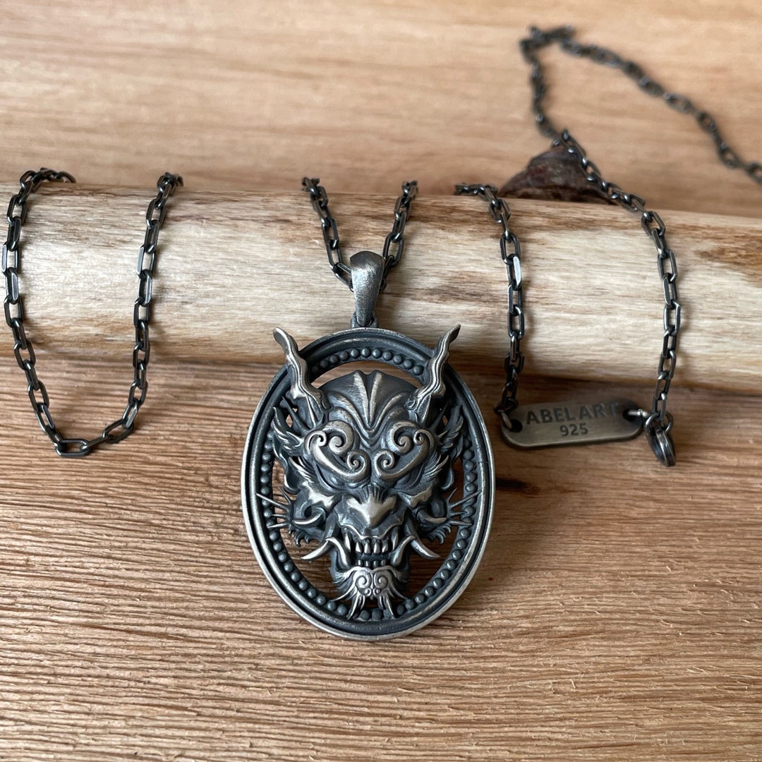 Silver Dragon Pendant - Mens Oni Mask Necklace - 925k Sterling Hanya ...