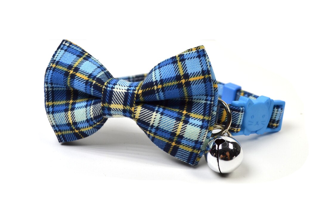 Blue Check Cat Bow Tie, Collar/break Away Buckle/cat Collar With Bell ...