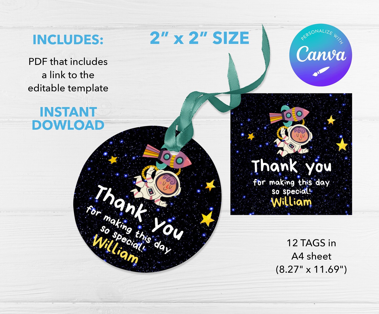 Astronaut Thank You Tags, Editable Round, Astronaut Sticker, Galaxy ...