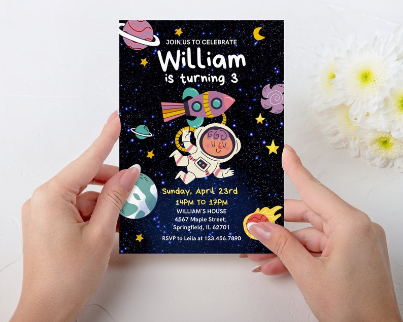 Outer Space Birthday Invitation Template, Planets Spaceship Astronaut ...