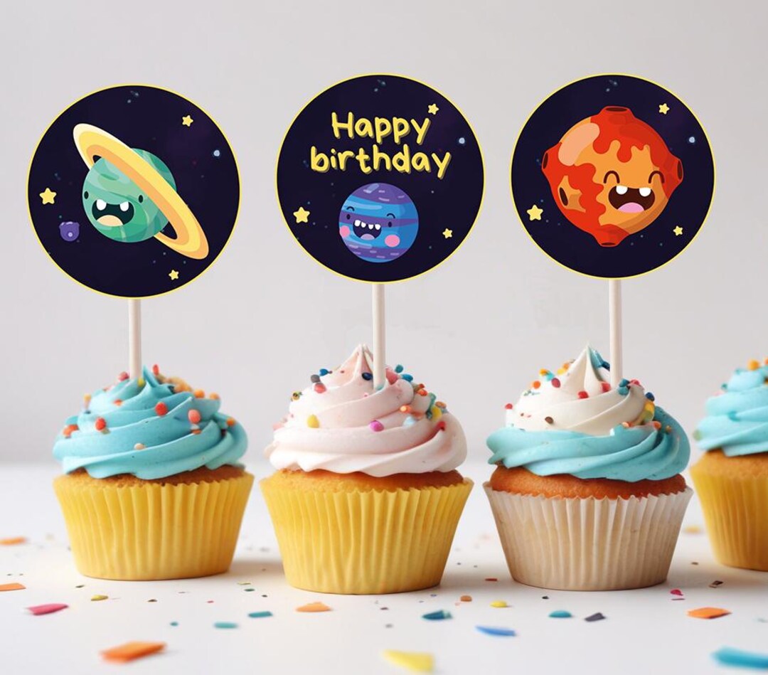 Galaxy Cupcake Toppers Planet Birthday Decorations Cute Cupcake Toppers ...