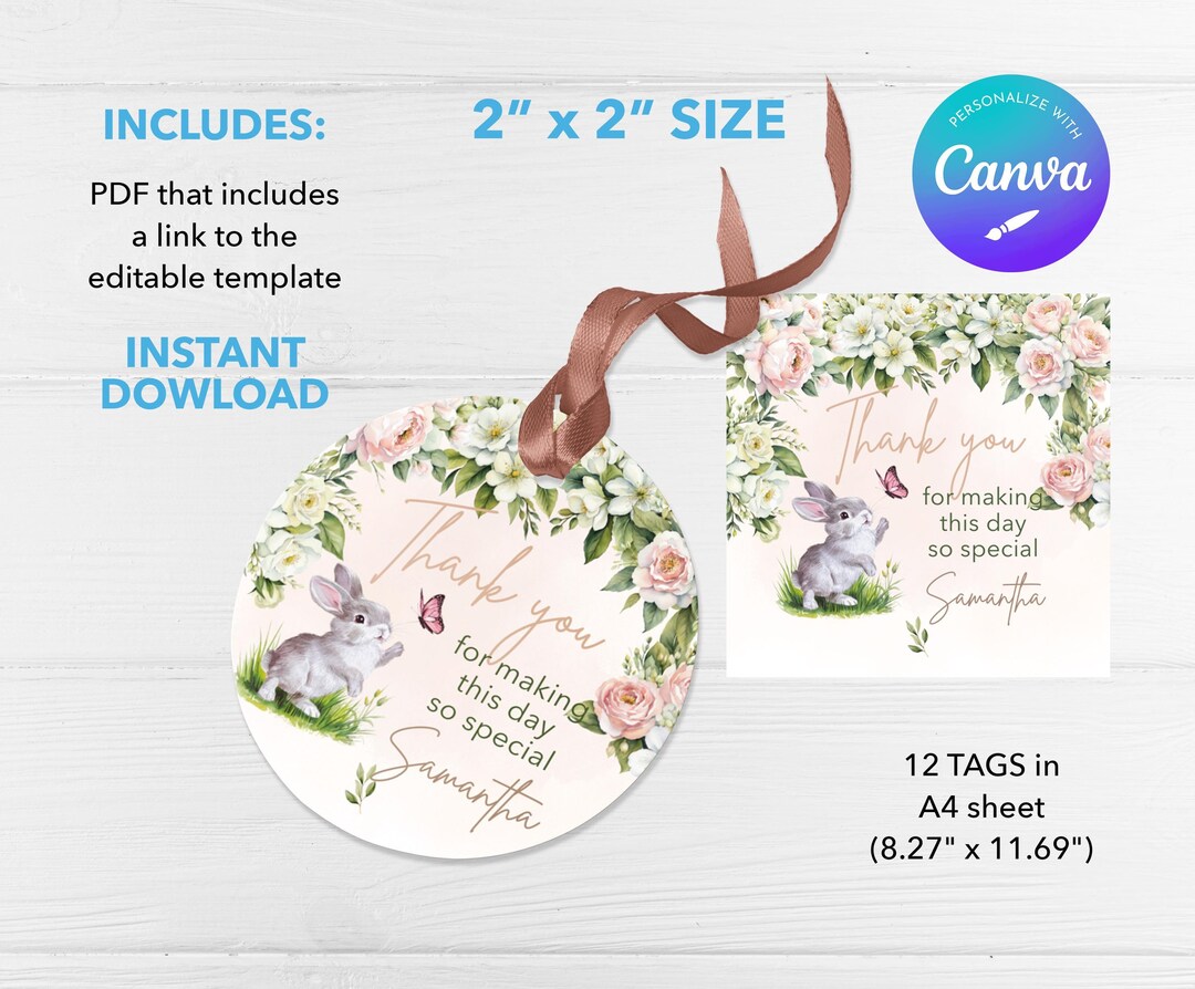 Rabbit Thank You Tags, Editable Round, Rabbit Sticker, Rabbit Thank You ...
