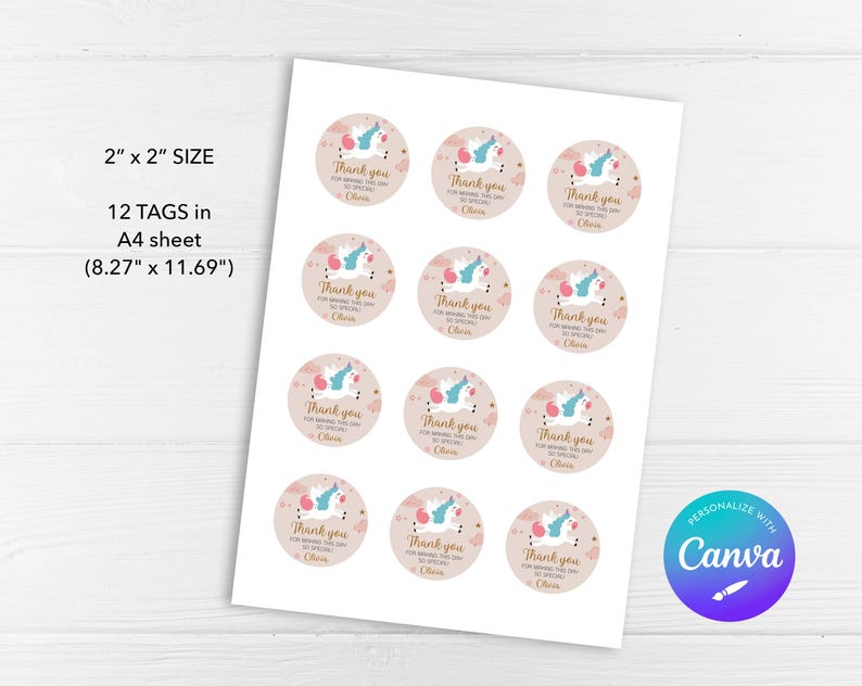 Unicorn Thank You Tags, Editable Round, Unicorn Sticker, Unicorn Thank ...