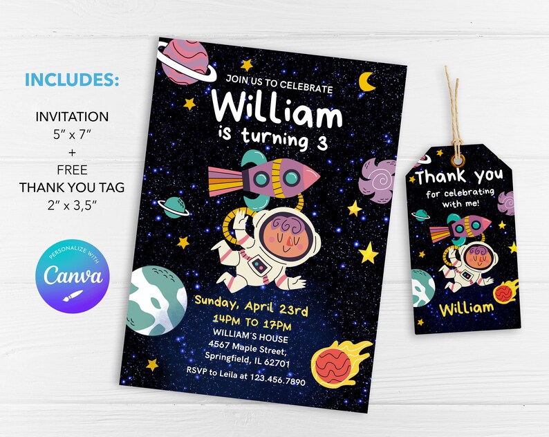 Outer Space Birthday Invitation Template, Planets Spaceship Astronaut ...