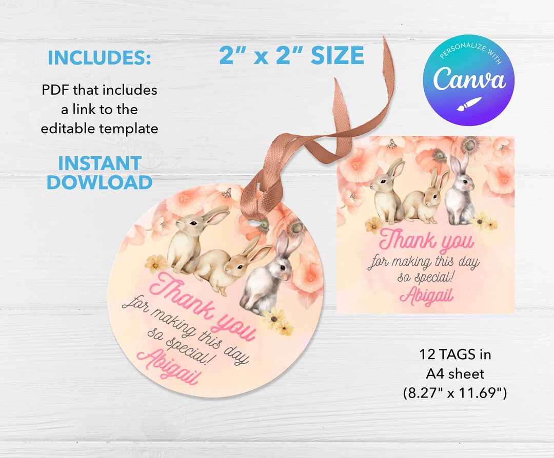 Rabbit Thank You Tags, Editable Round, Rabbit Sticker, Rabbit Thank You ...