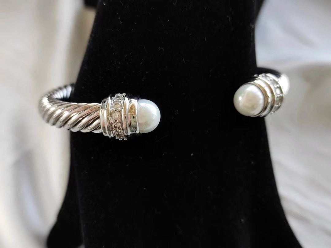 Cable Bracelet With Pearls and Diamonds, 7mm CUFF Bracelets - Etsy