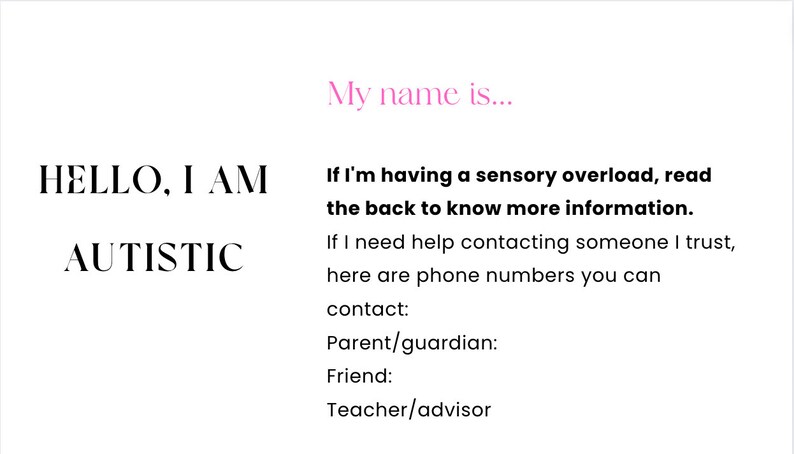 Autism Handout Card for Adults and Teenagers, Digital Download, Print ...