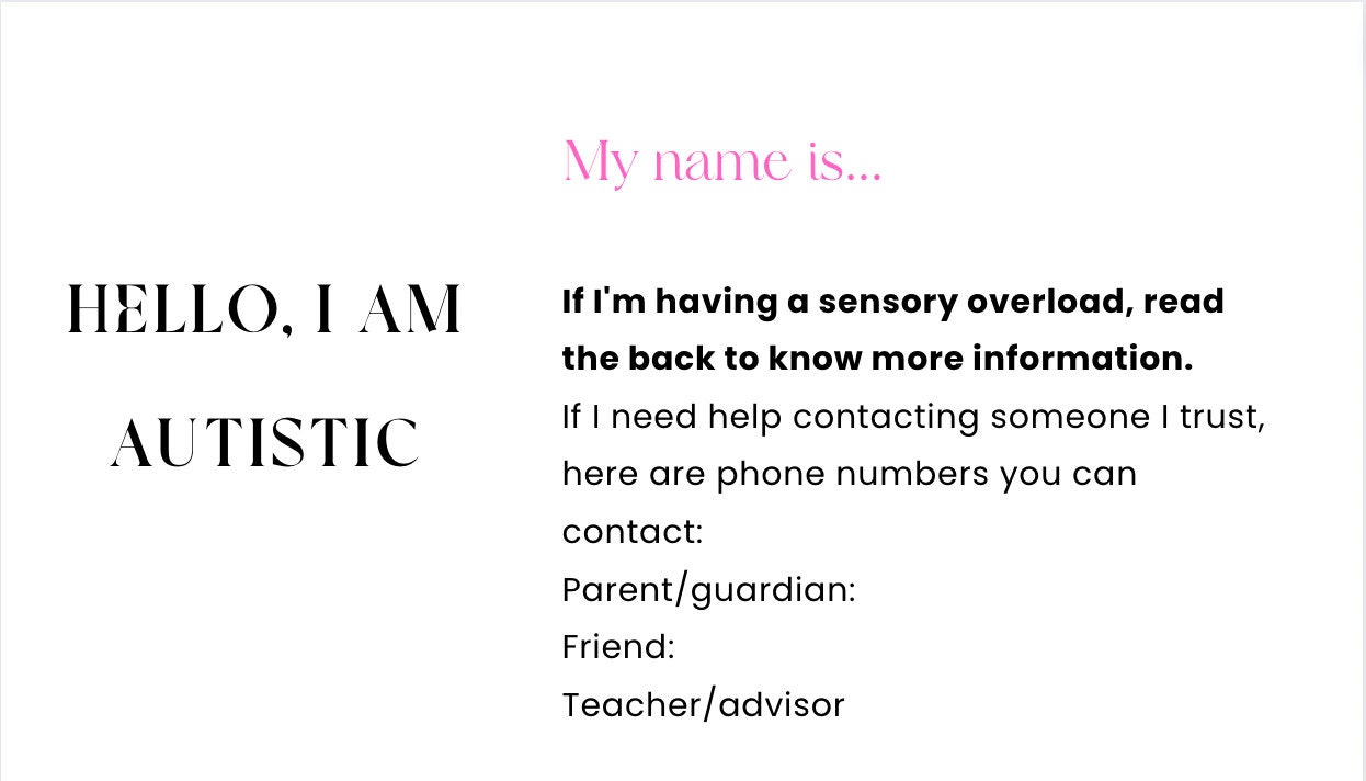 Autism Handout Card for Adults and Teenagers, Digital Download, Print ...