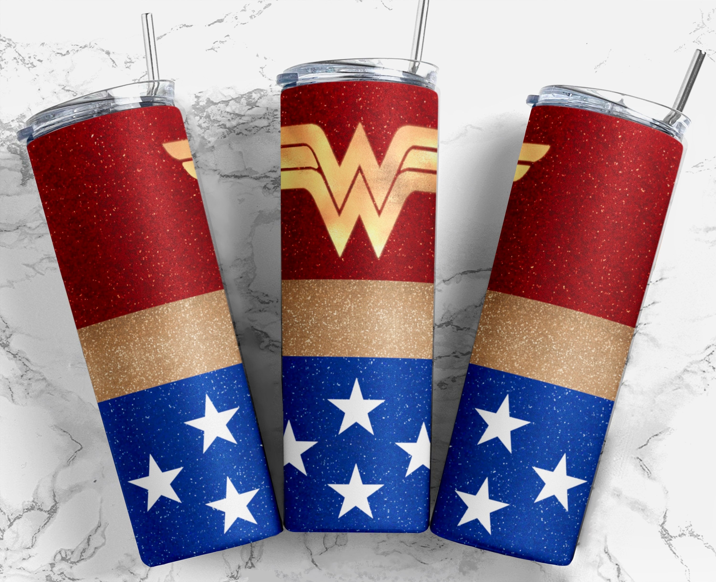 Wonder Woman Red White and Blue Gold Sparkle Tumbler Hand - Etsy