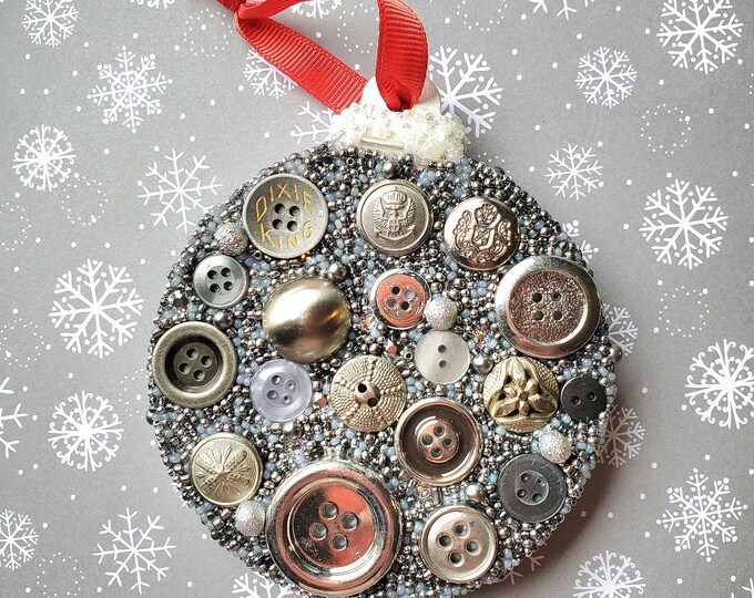 Silver Button Ornament, Button Art, Handmade Decor, Cottagecore ...