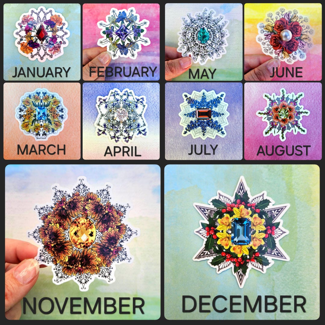 Birth Month Stickers, Birth Stone Art, Birth Flower Gift, Personal Gift ...