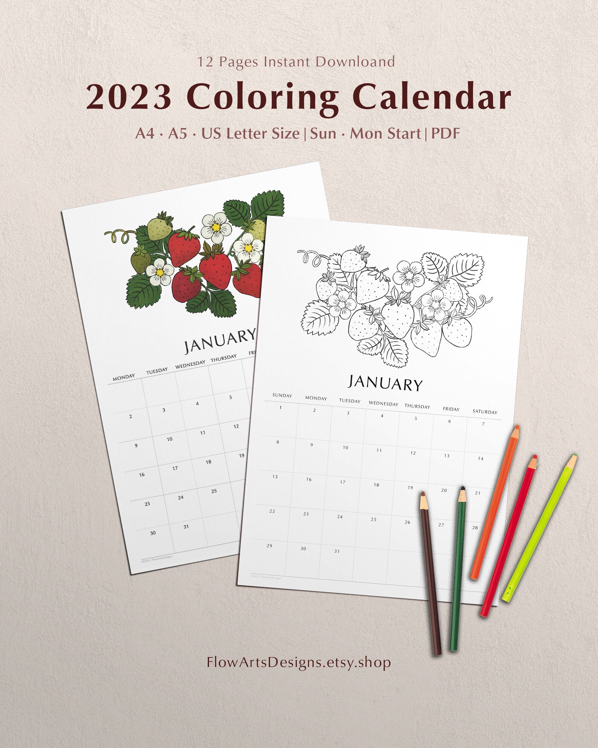 Coloring Calendar 2023 Printable for Kids Teens & Adults PDF A4 A5 US ...