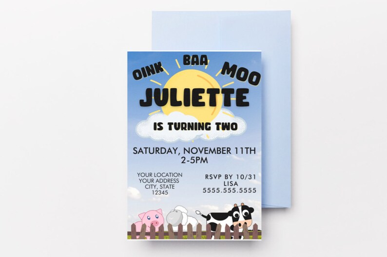 Oink Baa Moo Second Birthday Invitation Template - Etsy