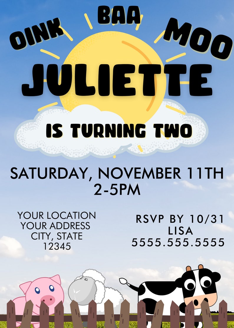 Oink Baa Moo Second Birthday Invitation Template - Etsy