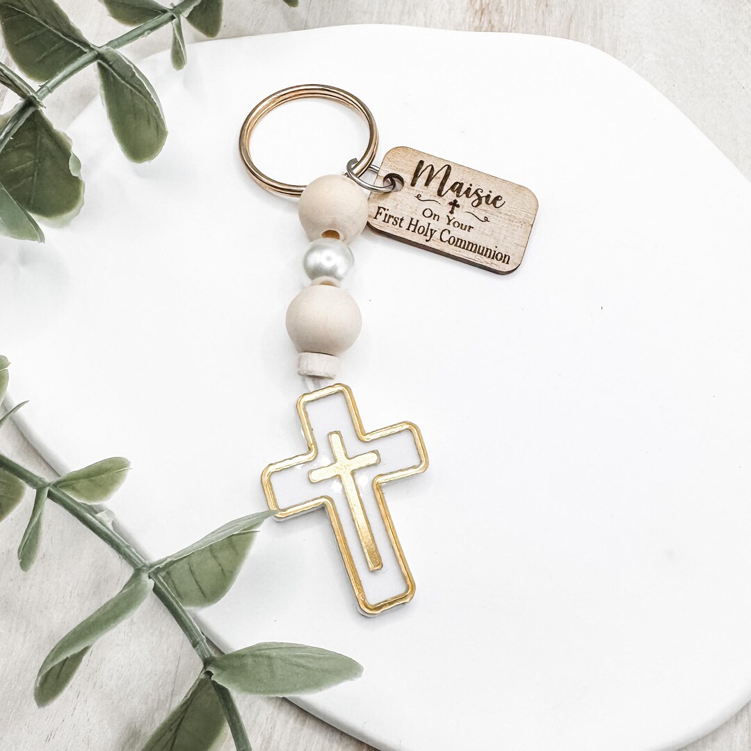 Personalized First Communion Keyring | Gold Cross, Engraved Wood Tag - Etsy