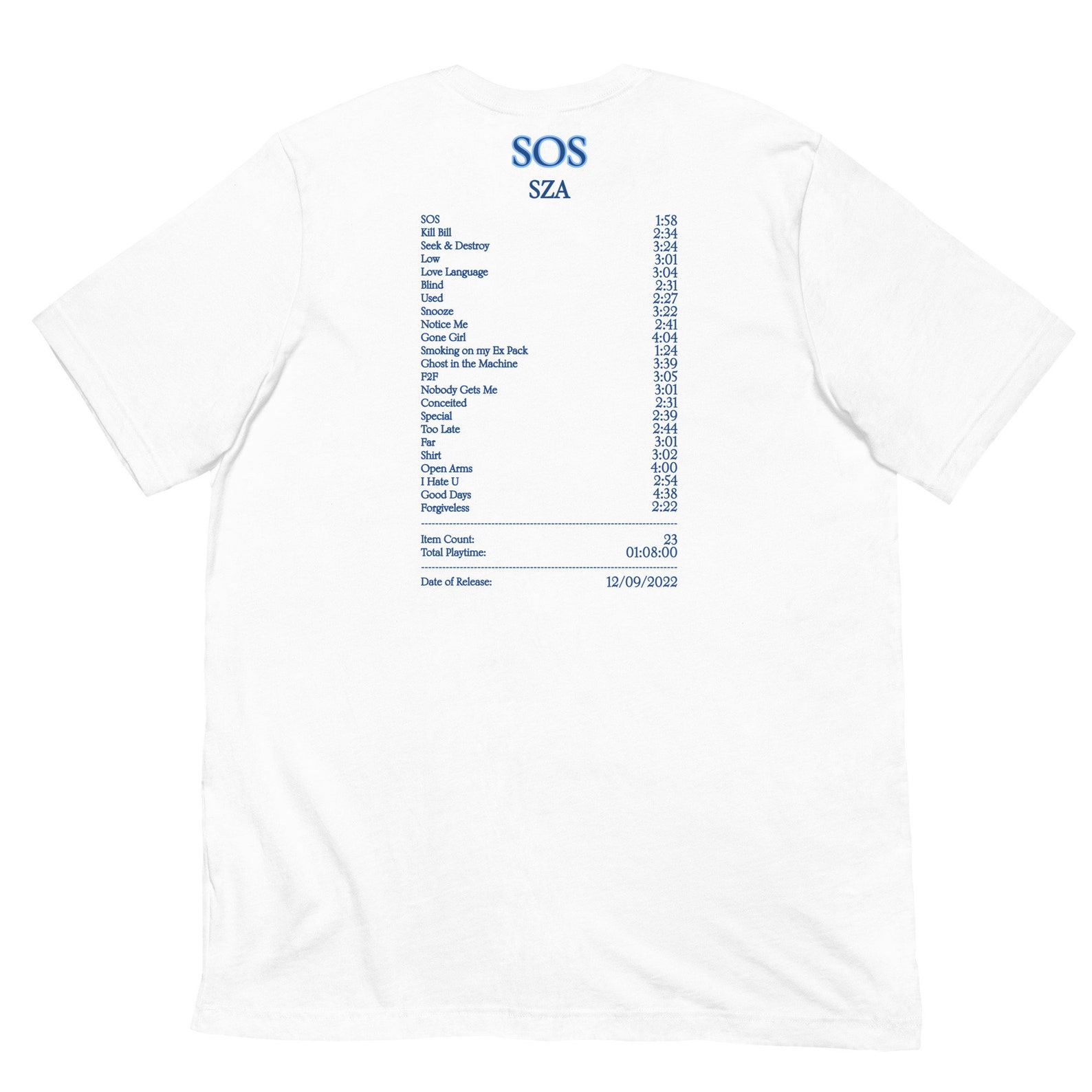 SZA SOS Tracklist Short-sleeve T-shirt | Album Tee Shirt | Merch - Etsy