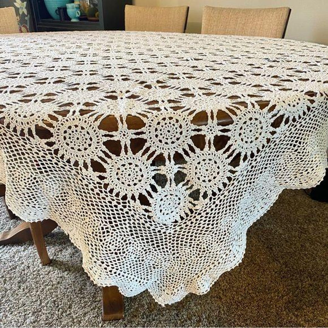 Vintage Crochet Lace White Tablecloth 60x72” Handmade - Etsy