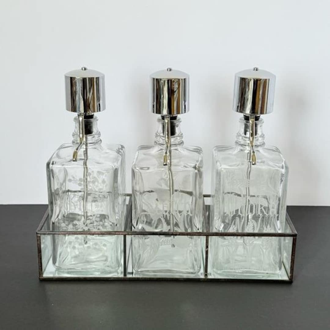 Vintage Pump Etched Decanter Set – Gin Scotch Vodka W/mirrored Caddy ...