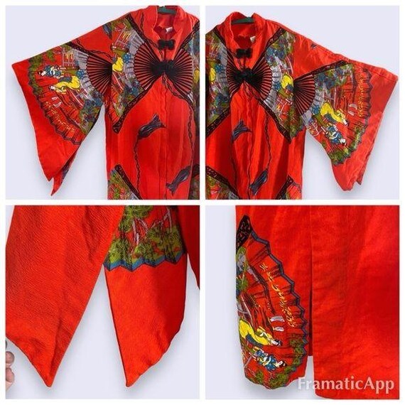Vintage Chinese Fan Design Kimono Robe Sash Pockets 1… - Gem