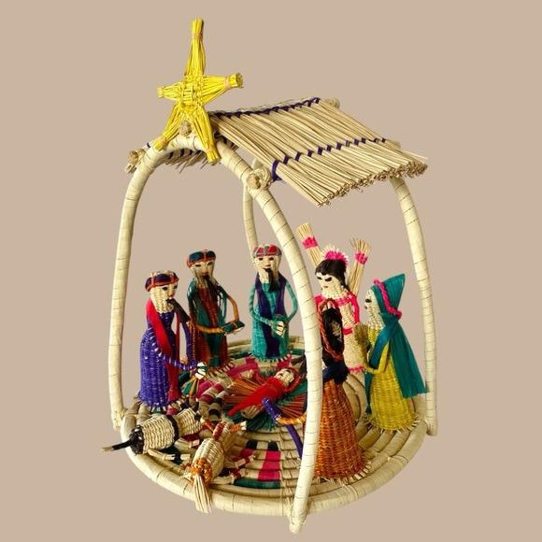 Handcrafted Nativity Scene Colorful Figures in Manger Crèche Coil Grass ...