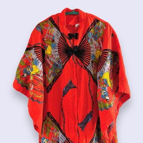 Vintage Chinese Fan Design Kimono Robe Sash Pockets 1… - Gem