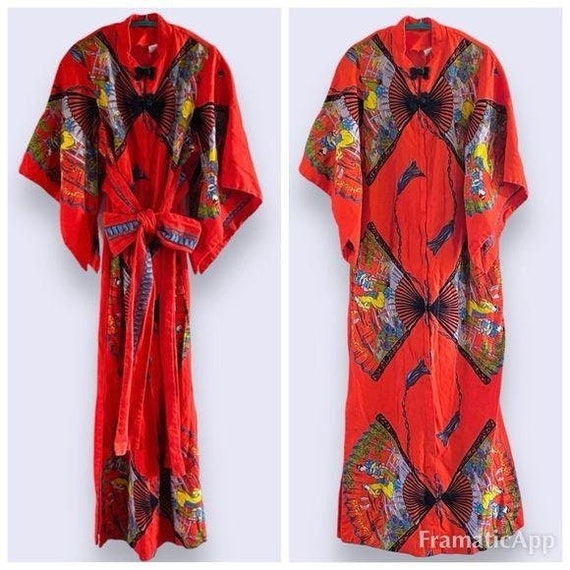 Vintage Chinese Fan Design Kimono Robe Sash Pockets 1… - Gem